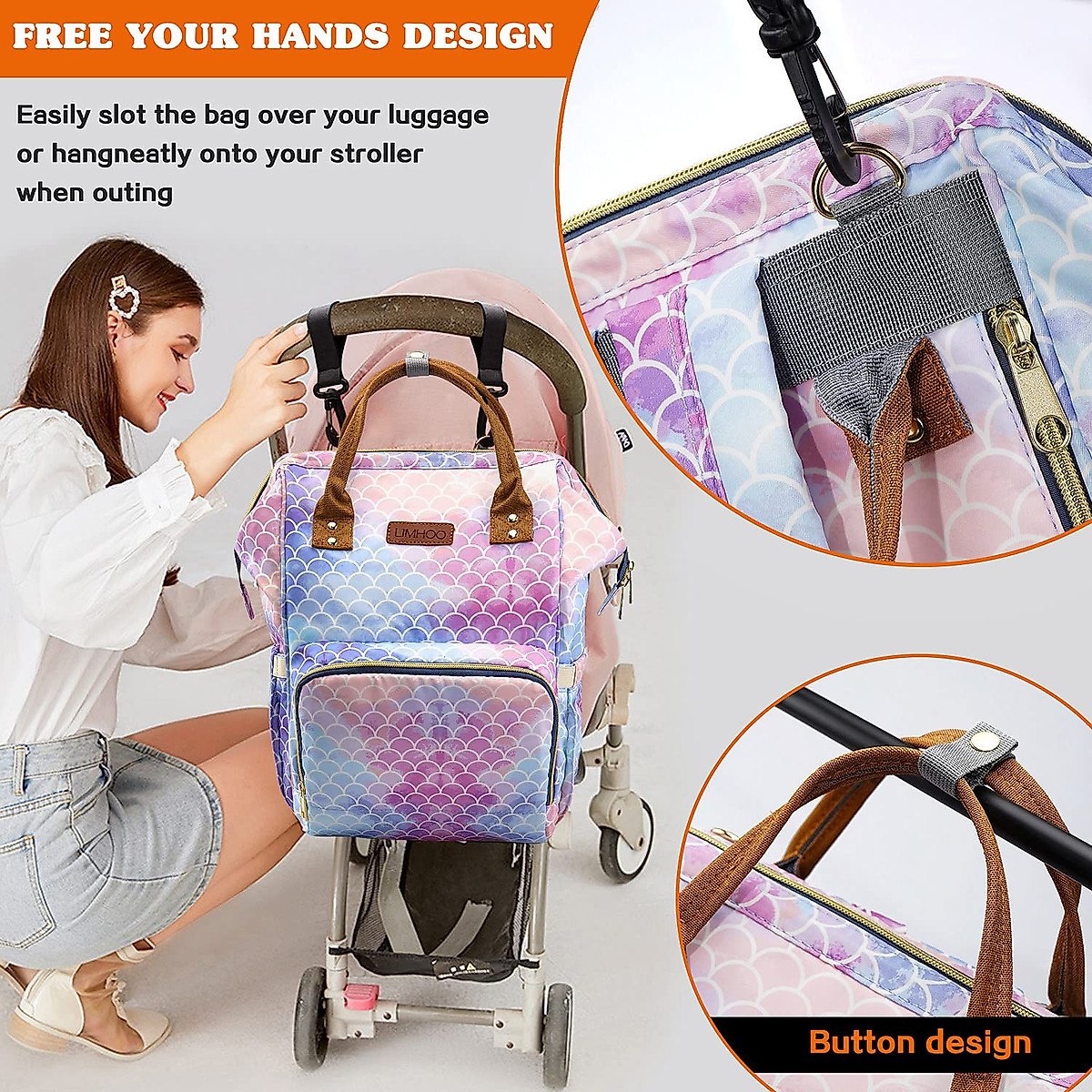Mermaid Diaper Bag Backpack, Waterproof Baby Care Bag, Women Travel Baby Nappy Changing Bag