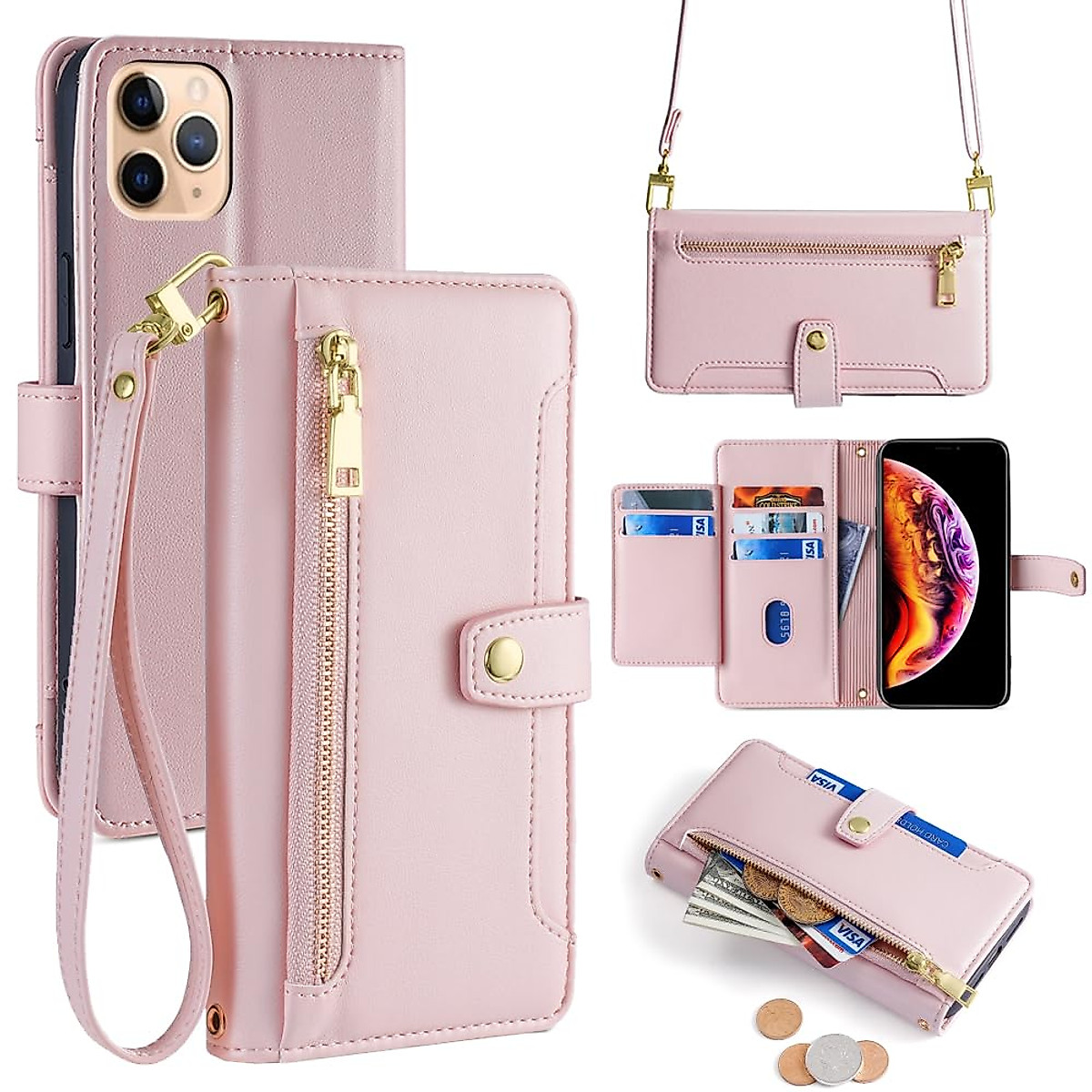 Arseaiy Wallet Case for Huawei Y5Ⅱ/CUN/U29/Play 5/Honor 5A/Y6 Elite Flip Phone Case with Crossbody Strap Magnetic Handbag Zipper Pocket PU Leather Shockproof with Kickstand Phone Shell Pink