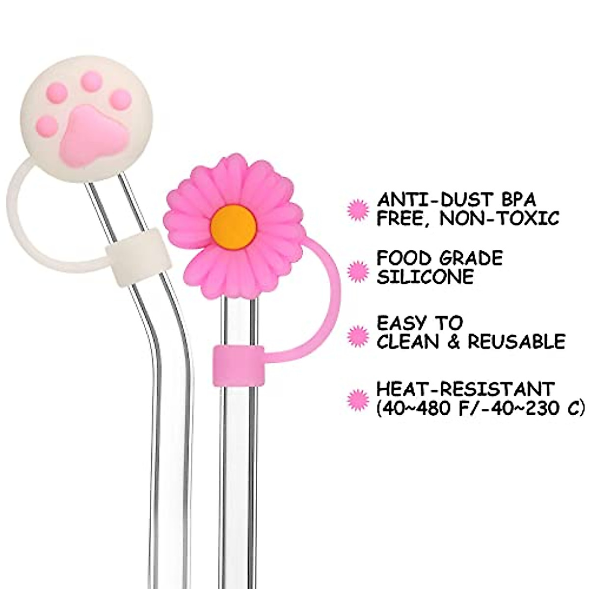 8 Pieces Silicone Straw Tips Cover Reusable Drinking Straw Lids Sunflower Cherry Blossom Rainbow Cat Paw Straw Cap Cover for 6-8 mm Straws Anti-dust Straw Tips Plugs