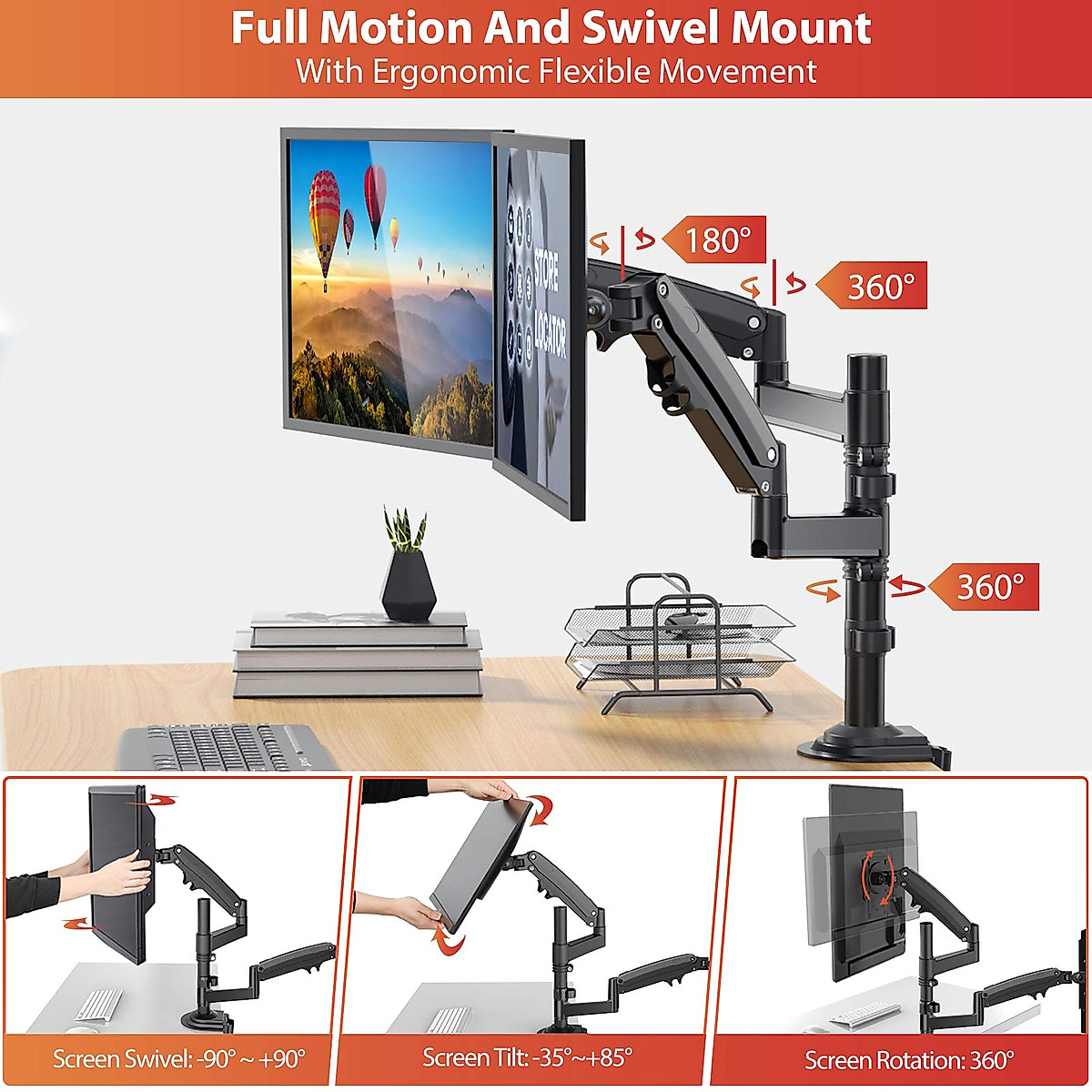 ErGear Dual Monitor Mount Arm 13-32 Inch, Adjustable Gas Spring Monitor Desk Mount Stand, VESA Mount 75/100mm with C Clamp, Grommet Mounting for Most Flat Curved Monitors, Hold up to 26.5lbs