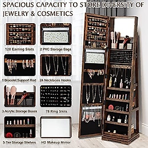 ACIPENSER 360° Rotating Jewelry Armoire, Lockable Jewelry Cabinet Organizer Standing w/Full Length Mirror, Large Storage Capacity, Built-in Makeup Mirror & 3-Tier Rear Storage Shelves, Rustic Brown