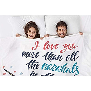 Mugod Inspirational Quote Throw Blanket I Love You More Than All The Narwhals in The Sea Decorative Soft Warm Cozy Flannel Plush Throws Blankets for Baby Toddler Dog Cat 30 X 40 Inch