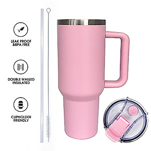 Yerivei 40 oz Tumbler with Handle and Straw Lid,Insulated Reusable Stainless Steel Water Bottle Travel Mug，Cupholder Friendly Double Wall Vacuum Sealed Cup (Pink)