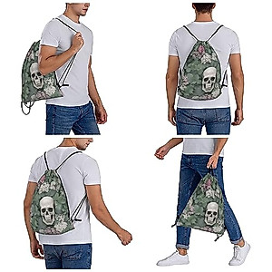 Flower And Skull Drawstring Backpack For Men And Women'S Sports And Fitness Bag, Large Size, Zippered Pocket, Lightweight, Foldable And Portable For Travel