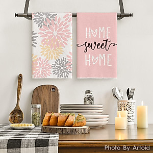 Artoid Mode Pink Stripes Home Sweet Home Boho Kitchen Towels Dish Towels, 18x26 Inch Wedding Decoration Hand Towels Set of 4