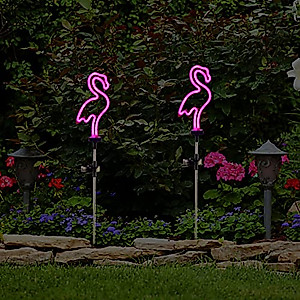Flamingo Solar Garden Stake Lights, [Set of 2] Outdoor Solar Pathway Light for Lawn Patio Yard Walkway, Neon Pink Lighting (29.5" Height)