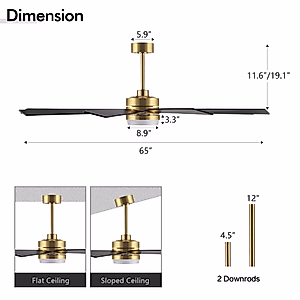 LEDLUX 65" DC Motor Ceiling Fan with Light, 6-Speed Remote Control, Reversible Motor, Modern 9 Blades Ceiling Fan with 4.5"/12" Downrods for Home or Commercial Black/Gold