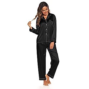 Eilshoji Womens Silk Satin Pajamas Loungewear Two-piece Sleepwear Button-Down Pj Set (Black,XL)