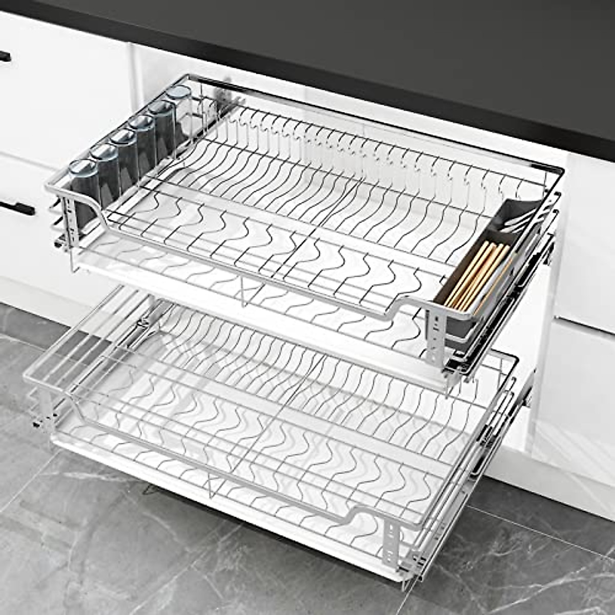 2 Tier Pull Out Cabinet Drawer Organizer Heavy Duty Pull Out Spice Rack 304 Stainless Steel Deepen 47cm Kitchen Slide Out Storage Shelf for Cans, Bakeware for Pantry, Cupboard, Bathroom Cabinet (59W*