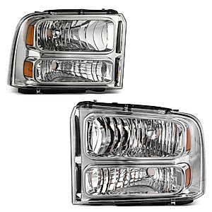 AUTOSAVER88 Headlight Assembly Compatible with 05 06 07 Ford F250 F350 F450 F550 Super Duty/05 Ford Excursion Headlight Assembly OE Projector Headlamp Chrome Housing Clear Lens