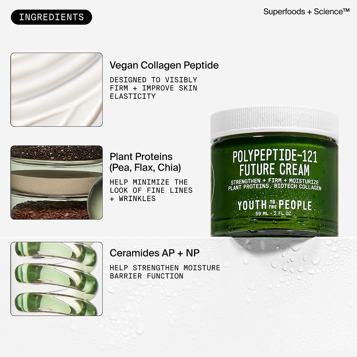 Youth To The People 121 Polypeptide Cream, Firming + Hydrating Face Moisturizer & Collagen Cream for Dry Skin, Plant Ceramide Rich Skincare Travel Size (0.5oz)