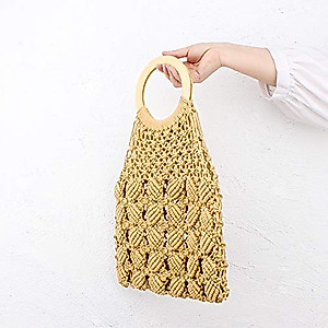QTKJ Boho Women's Summer Beach Straw Crochet Bag Hollow Out Hand-Woven Cotton Tote Bag Purse with Wooden Round Handle (Khaki)