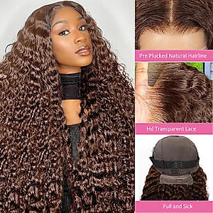 Chocolate Brown Deep Wave Lace Front Wigs Human Hair 13x6 Hd Lace Curly Lace Frontal Wigs for Black Women Human Hair Pre Plucked Wet and Wavy Glueless 4# Brown Colored Wig 16 Inch