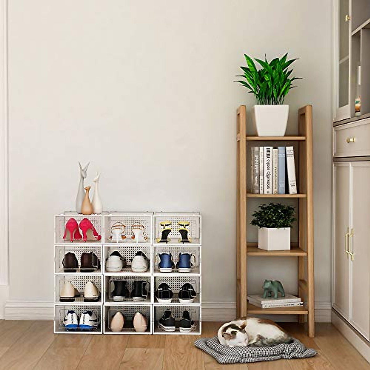 Baram Shoe Storage Shoe Organizer for Closet Clear Storage Plastic Bins with Interlocking Side Door Open |Stackable &Collapsible Shoe Cubby for Men & Women Shoes, Sneaker| Set of 12 pack Medium Size