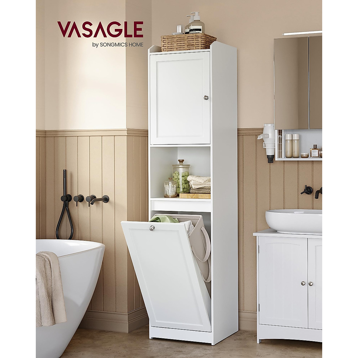 VASAGLE Tall Bathroom Cabinet with Laundry Basket, Removable Laundry Basket with Handles, Compartment with Door, Linen Tower, 15.8 x 15.8 x 66.9 Inches, Cloud White UBBC761W01