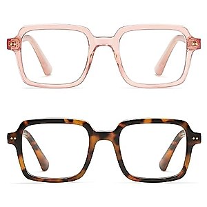 AMOMOMA 2Pack Retro Thin Square Reading Glasses for Women Men,Women's Blue Light Computer Reader AM6105 Crystal Brown+Tortoise 1.5