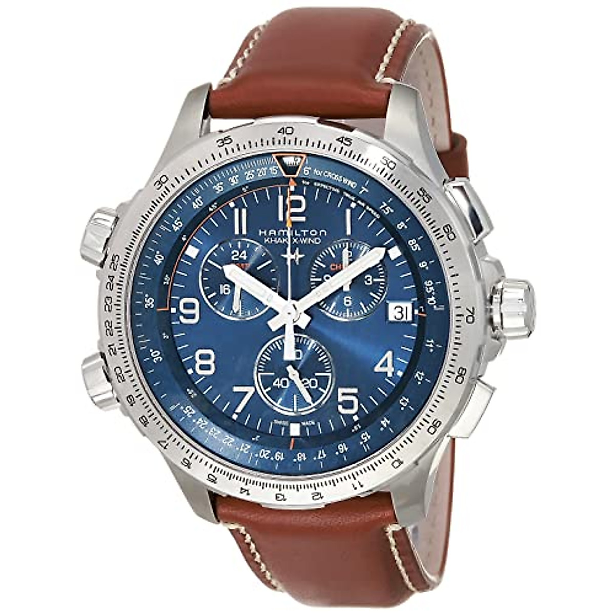 Hamilton Watch Khaki Aviation X-Wind GMT Swiss Chronograph Quartz Watch 46mm Case, Blue Dial, Brown Leather Strap (Model: H77922541)