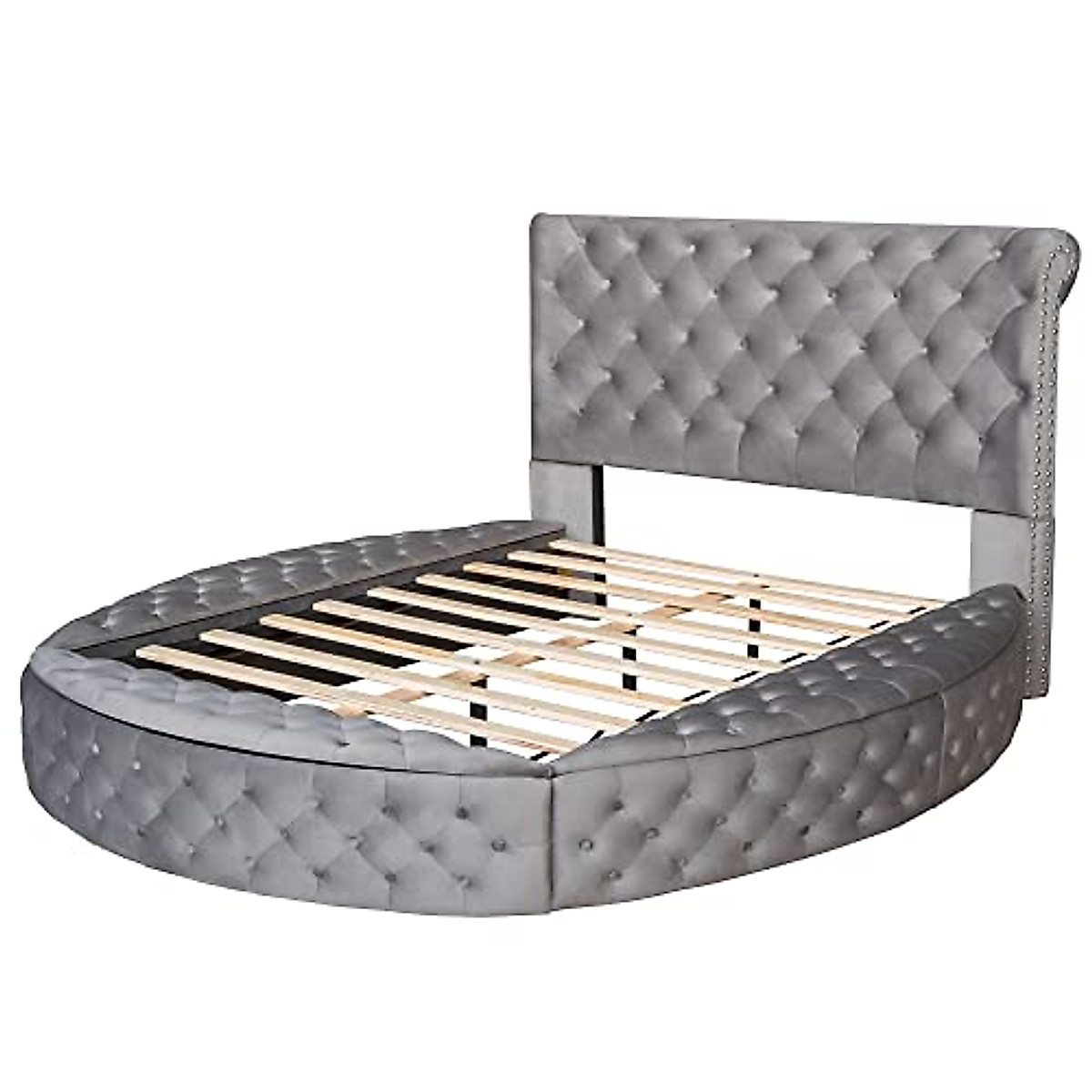 Round Upholstered Full Beds with Storage Modern Velvet Platform Bed with Deep Button Tufting Headboard and Footboard Tufted Bed with Storage Compartments in Rails and Ottoman, Gray