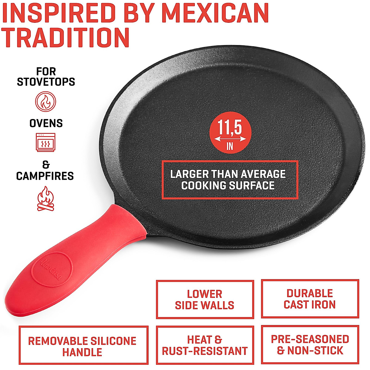 Uno Casa Cast Iron Comal Pan 11.5 Inch - Skillet for Roti/Comal Pan, Tawa/Dosa Pan Pataconera, Comales para Tortillas - Cast Iron Pizza Pan - Comal Para Tortillas Grande - Tava Roti Pan - Comale
