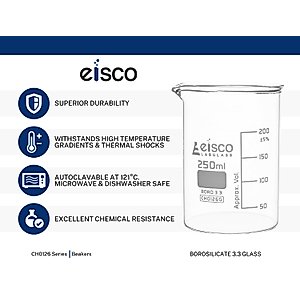 EISCO Beaker, 25ml - Low Form with Spout - White, 5ml Graduations - Borosilicate 3.3 Glass