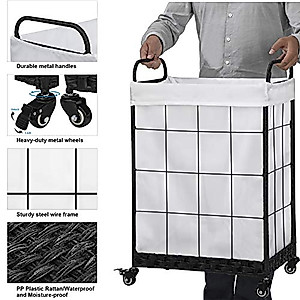 Laundry Hamper with Heavy Duty Rolling Lockable Wheels; Durable Laundry Basket with Detachable Liner Bag; Collapsible Clothes Hamper with Metal Handle (White)