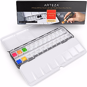 ARTEZA Empty Watercolor Palette Tin, 24 Half Pans, Customizable Portable Empty Half Pans for Watercolor Paints