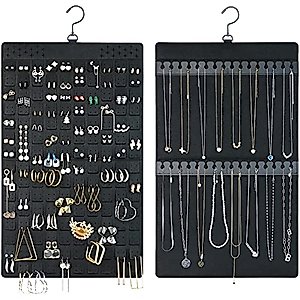 KMEOSCH Jewelry Holder Organizer, Hanging Jewelry Organizer Dual-Sided Earring Organizer Display for 300 Pairs of Earrings and Necklace Holder for 30 Necklaces-Black Jewelry Storage Organizer