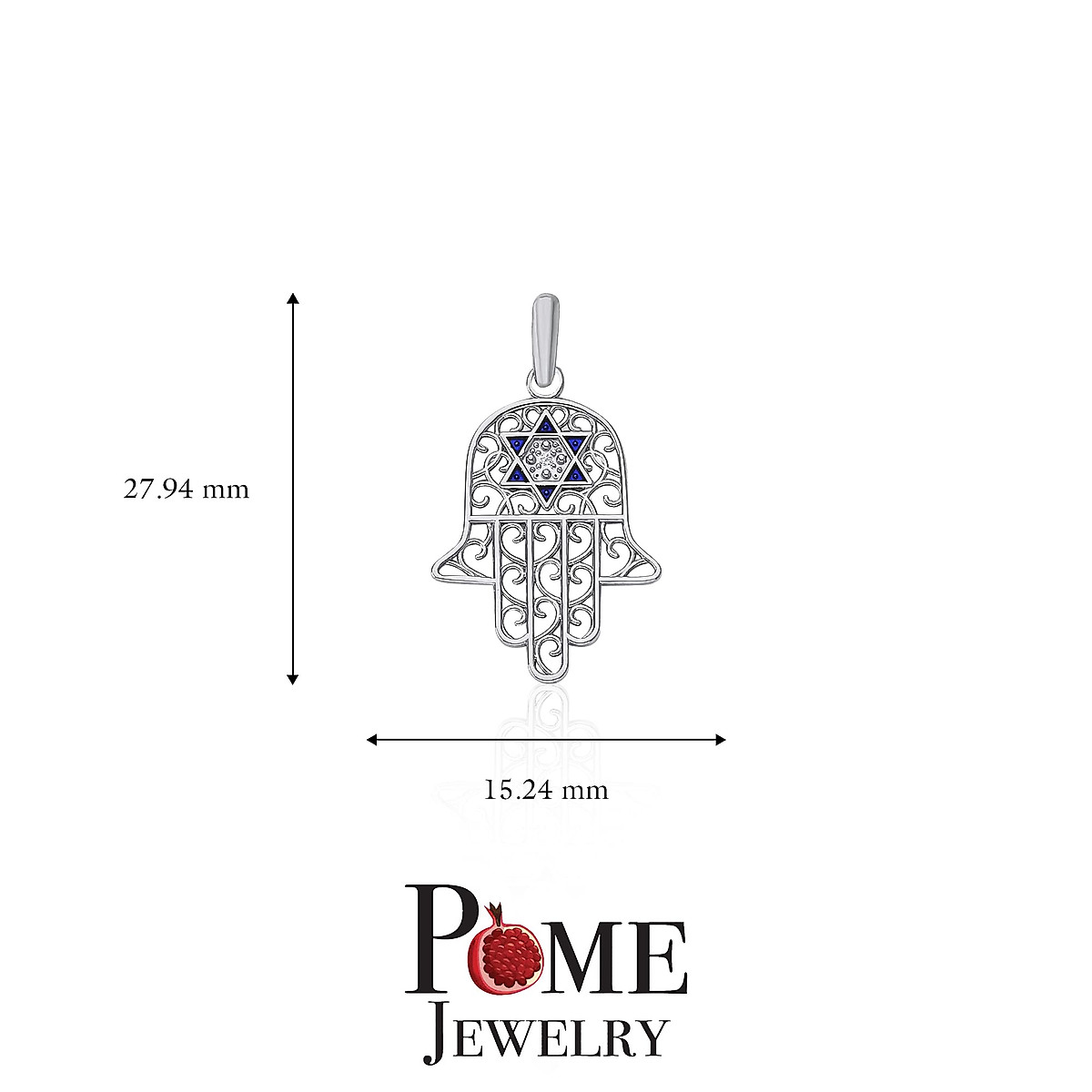 Pome Hamsa Hand Pendant Necklace with CZ Stone in Sterling Silver, Cubic Zirconia Necklace, Blue Enamel, Made in America (Pendant Only)