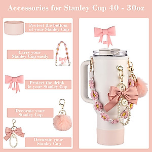 Stanley Cup Accessories Set Including Siliocne Straw Cover, Siliocne Boot, Water Bottle Handle Strap for Stanley Cup 40oz 30oz Tumbler with Handle (Pink butterflies)