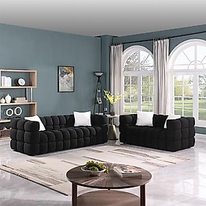 GNIXUU Modern Cloud Sofa Large Couch, 3-Seater Couch and Loveseat Sofa, Marshmallow Boucle Fabric Couches with Plastic Legs, 4 Pillows for Living Room, Office, 84/62 Inch Wide(Black)