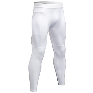 SPVISE Men's White Compression Pants with Zip Pocket Cool Dry Athletic Leggings Tights Workout Baselayer for Running Gym Yoga