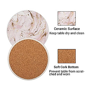 Marble Pattern Coasters Set of 2, Pink Marble Large Coasters for Drinks Absorbent Decor Cork Coasters Anti-Slip Ceramic Coaster Round Coaster Set for Farmhouse, Home