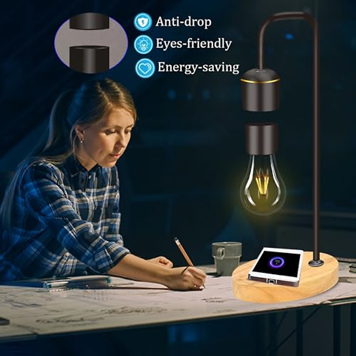 Floatidea Magnetic Levitating Light Bulb Levitation Real Wood Black Floating Desk Lamp LED Night Lights with Luxury Wireless Charging Pad (Apple/Android) for Christmas Gift