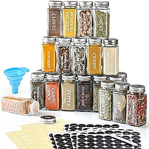 AOZITA 24 Pcs Glass Spice Jars/Bottles - 6oz Empty Square Spice Containers with Spice Labels - Shaker Lids and Airtight Metal Caps - Silicone Collapsible Funnel Included