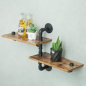 MAIKAILUN 2 Tier Industrial Shelves, Industrial Pipe Shelving, Pipe Corner Shelves with Wood Planks, Floating Shelves Wall Mounted, Retro Rustic Industrial Shelf for Bar Kitchen Living Room