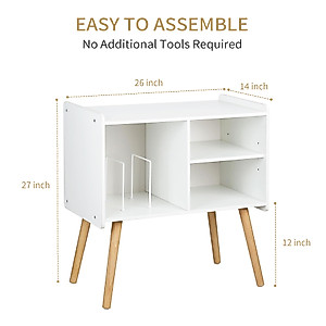 Possile Mid-Century Record Player Stand, Vinyl Record Cabinet Holder with Storage Up to 100 Albums, Record Player Table for Living Room Bedroom Office, Turntable Stand with Wood Legs, White