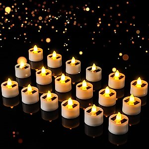 Kittmip 18 Pieces Solar Tea Lights LED Flameless Solar Candles Battery Flickering Waterproof Candles for Wedding Holiday Party Home Decor(1.5 x 1.4 Inch,Yellow Light)