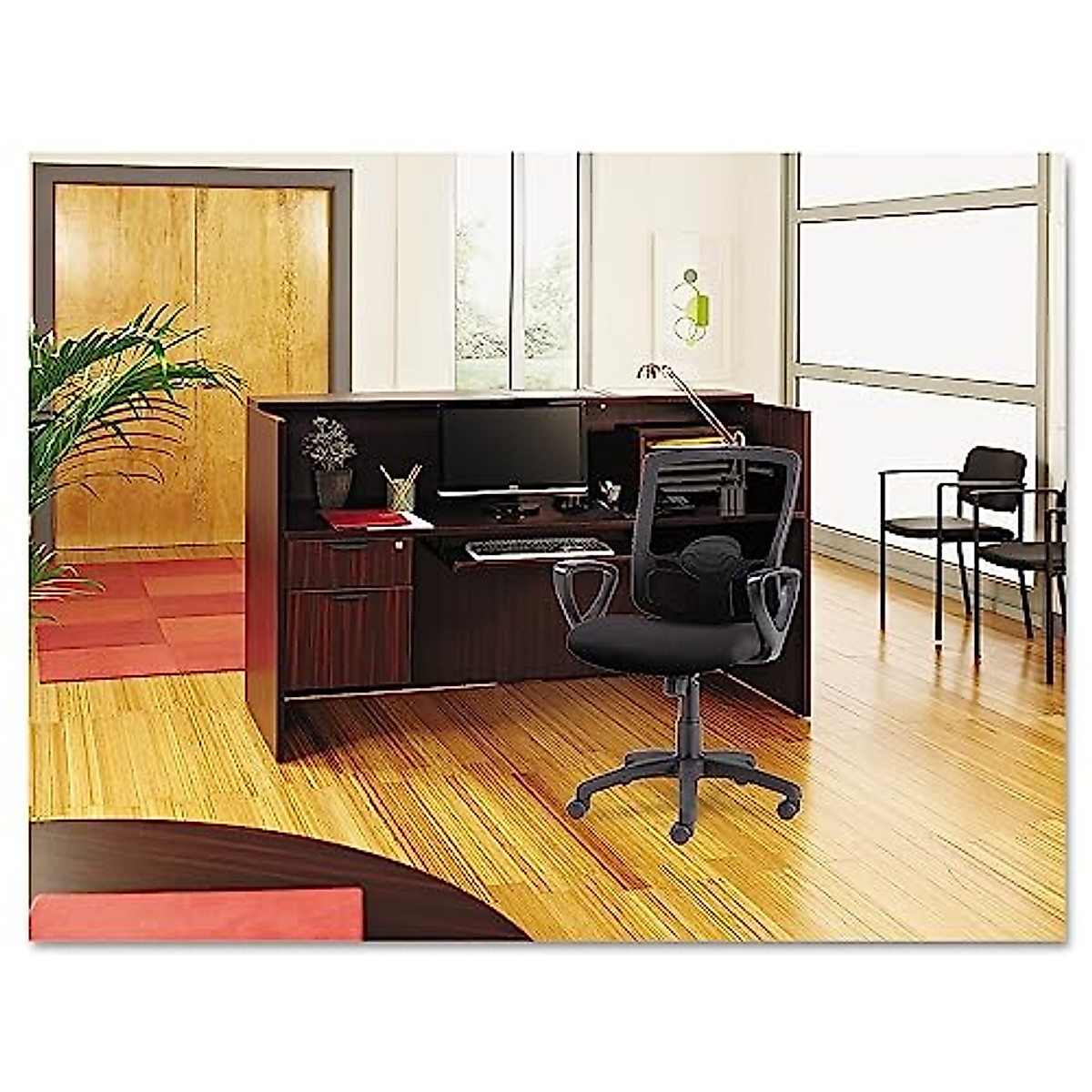Alera ALEVA327236MY Valencia Series 71 in. x 35.5 in. x 29.5 in. - 42.5 in. Reception Desk with Counter - Mahogany