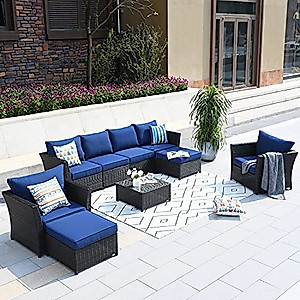 XIZZI Outdoor Patio Furniture No Assembly Required 9 PCS Patio Furniture Sets PE Rattan Wicker with 2 Pillows and Coffee Table, Backyard Patio Conversation Sets Sectional Sofa (Navy Blue)