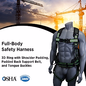 AFP Fall Protection Premium Reflective Black Safety Harness w/Hi-Viz Lime, Vented & Padded Shoulder, Legs and Back, 8” Thick Back Support Belt, 3 D-Rings, Tongue Buckle, Quick Release (OSHA/ANSI PPE)