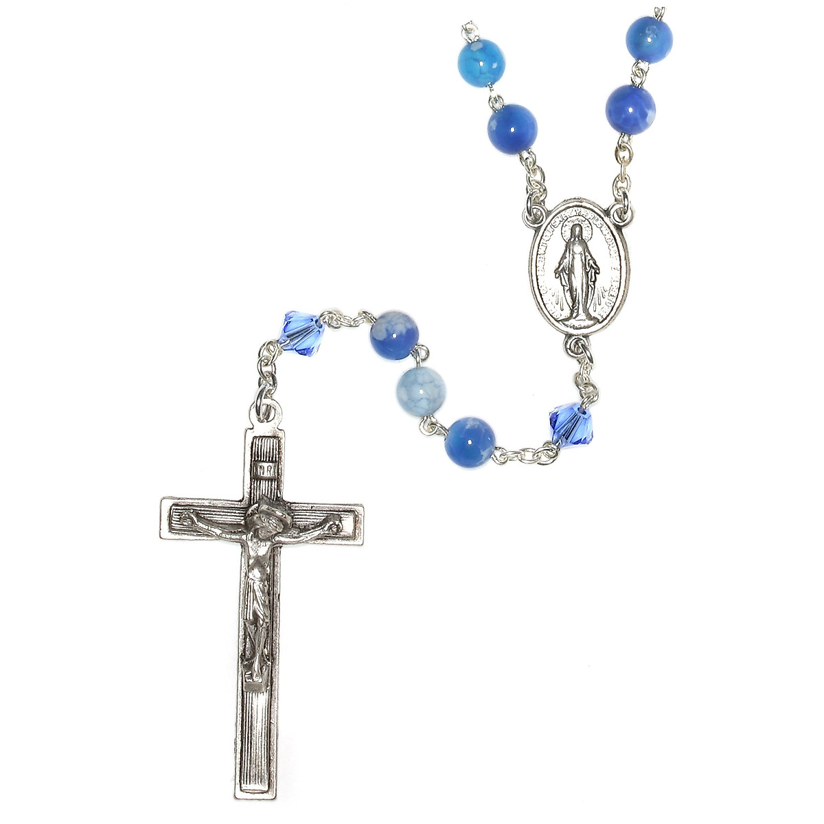Gemstone Catholic Prayer Rosary - Includes "How to Pray the Rosary", Rosary Pouch and Gemstone meaning (Blue Agate - Silver)
