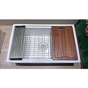 MEJE #KS 30x20 inch Apron-front Step Rim Workstation Farmhouse Kitchen Sink,Ceramic Single Bowl with Cutting Board,Grid & Strainer - White