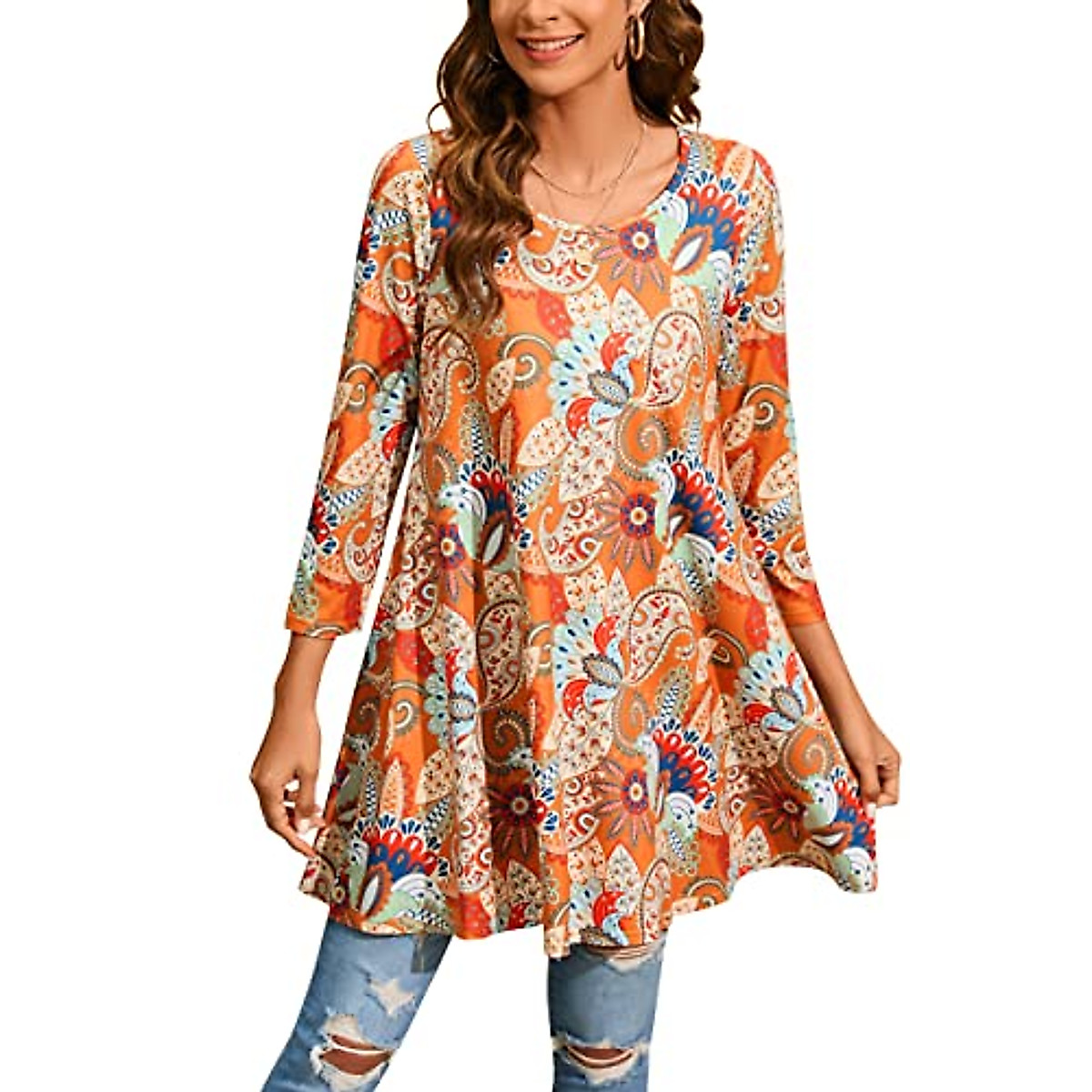 ENMAIN Women's Tunics Tops Plus Size Loose Fit 3/4 Sleeve Top Dressy Casual Swing Paisley Floral Orange Crewneck Hide Belly Tunic Tops to wear with Leggings