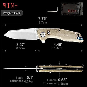 WIN+ Pocket Knife, Folding Knife with Button Lock and Axis Lock, Tactical Knives with Ball Bearing and Thumb Stud, Micarta Small EDC Knife for Survival Camping 3442 (C-Desert-Micarta)