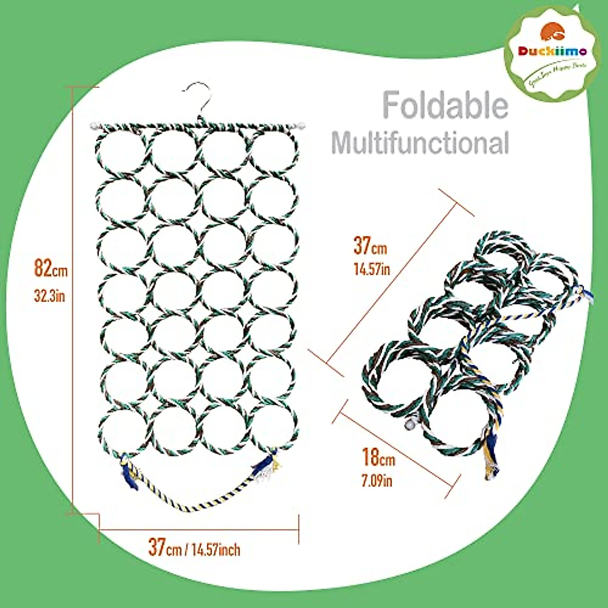 Duckiimo Bird Swing Hemp Rope Net, Parakeet Perch Climbing Bungee Ladder, Hammock Hanging Parrot Cage Toy for African Grey, Little Macaw, Cockatoo, Parakeets, Cockatiel, Conure (Multifunction)