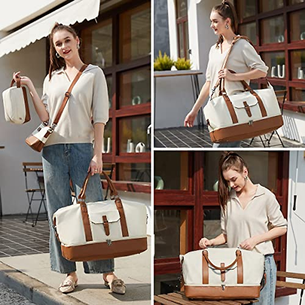 SHENHU Weekender Bags for Women Large Travel Duffel Bag Overnight Weekender Bag Carry on Shoulder Bag with Shoes Compartment for Men Beige
