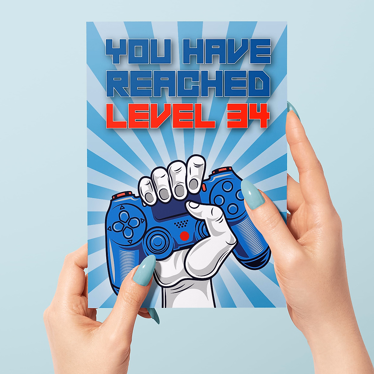 34th Birthday Card, You Have Reached Level 34, Greeting Card for Thirty-Four Year Old Gamer Birthday Gift for Adult Son or Daughter, For Him Her Grandson Granddaughter, Blue