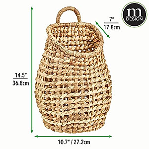 mDesign Open Weave Water Hyacinth Hanging Wall Storage Belly Basket for Flowers & Essentials, Decorative Boho Mounted Organizer for Pantry, Closet, Bathroom, and The Door - Natural/Tan