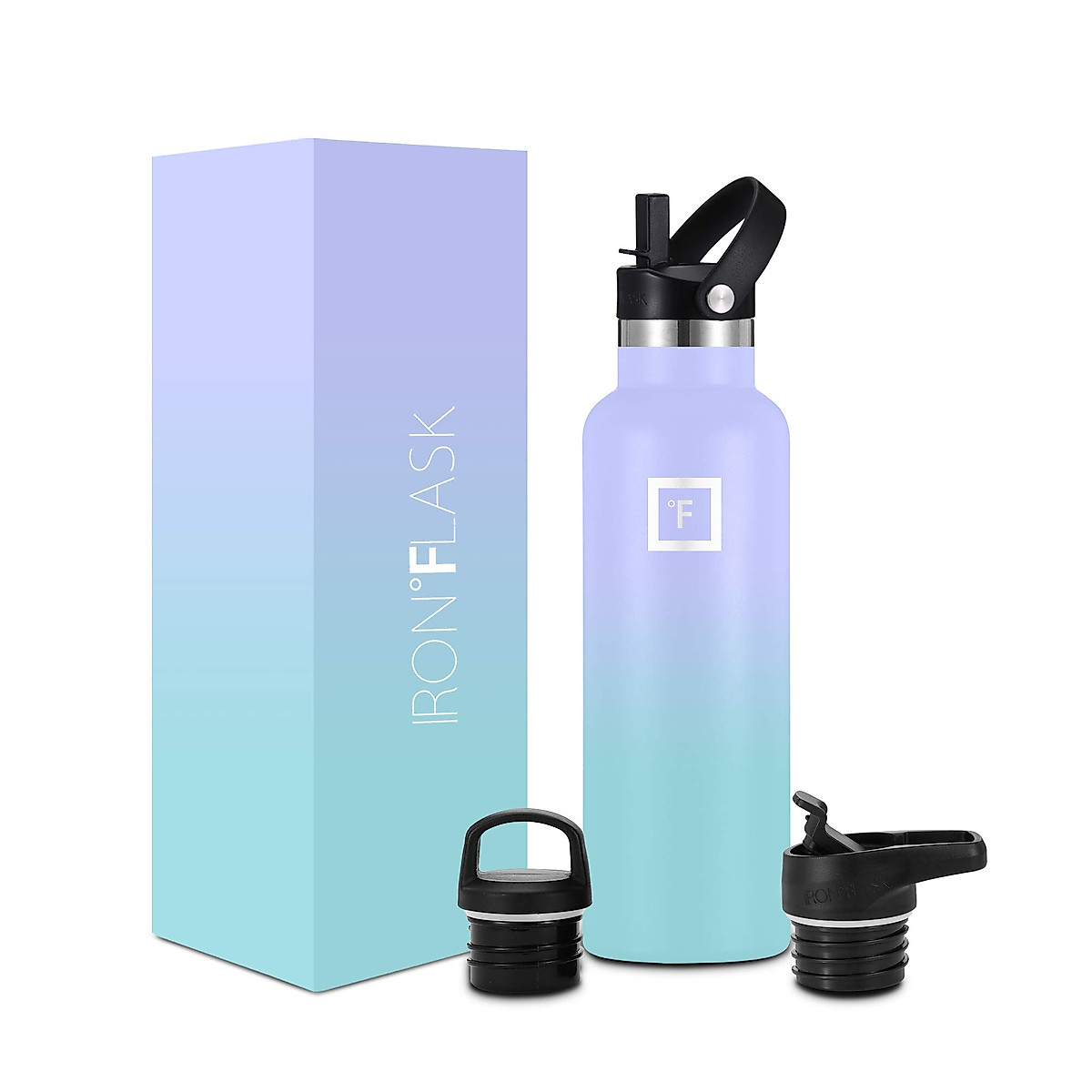 IRON °FLASK Sports Water Bottle - 3 Lids (Narrow Straw Lid) Leak Proof Vacuum Insulated Stainless Steel - Hot & Cold Double Walled Insulated Thermos, Durable Metal Canteen - Cotton Candy, 20 Oz