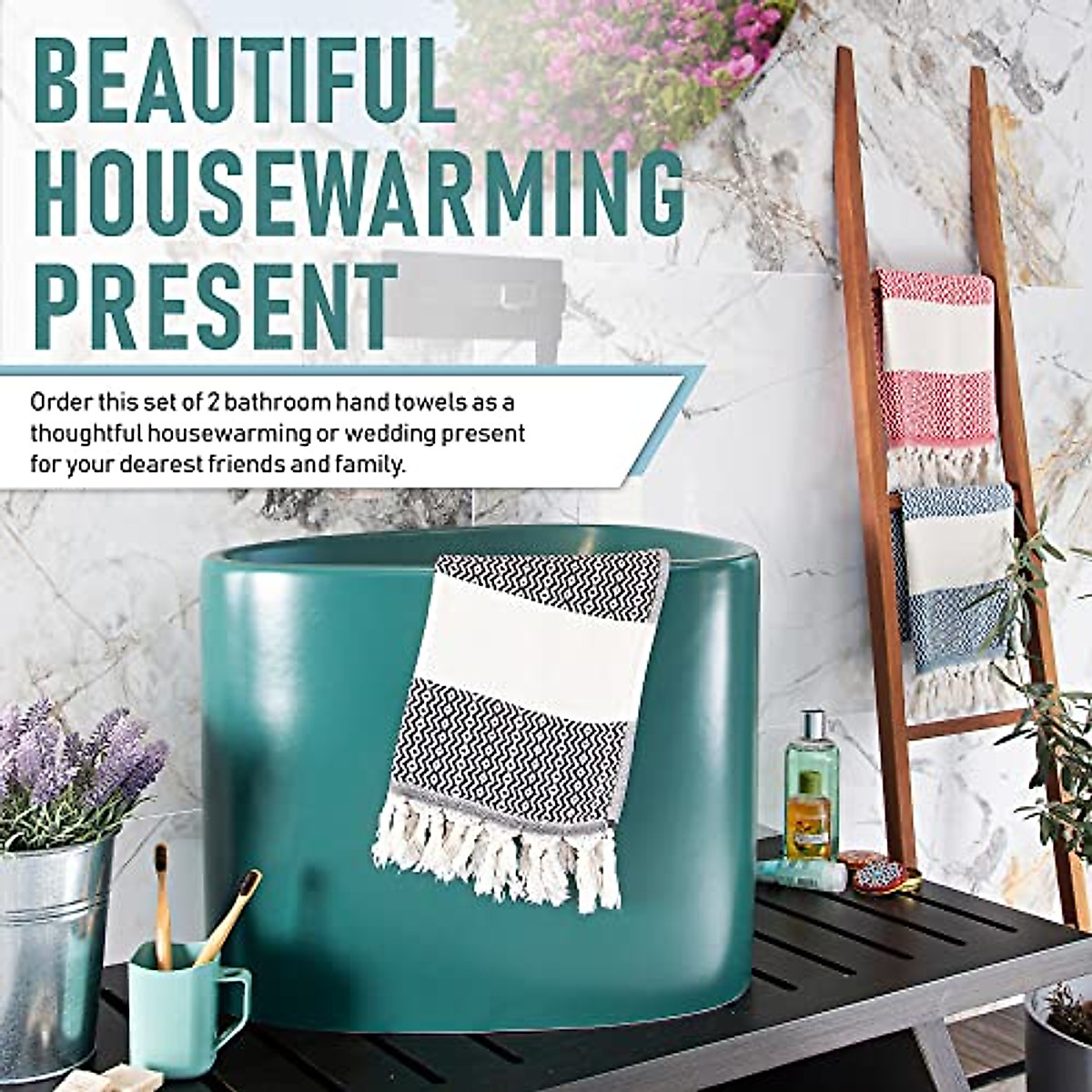 Rumi&Shams | Turkish Hand Towel for Bathroom | 2 pcs Bathroom Hand Towels | 100% Cotton Kitchen Hand Towels | 16x35 Boho Hand Towels | Black Hand Towels for Bathroom | Oeko-Tex Certified